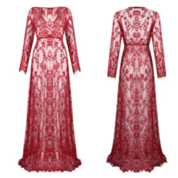 Boutique | Dresses | Sexy Blood Red Lace Maxi Dress Sheer Full Length ...